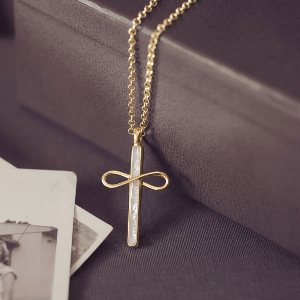 Gold Cremation Ashes Infinity Cross Necklace – Hand on Heart Jewellery